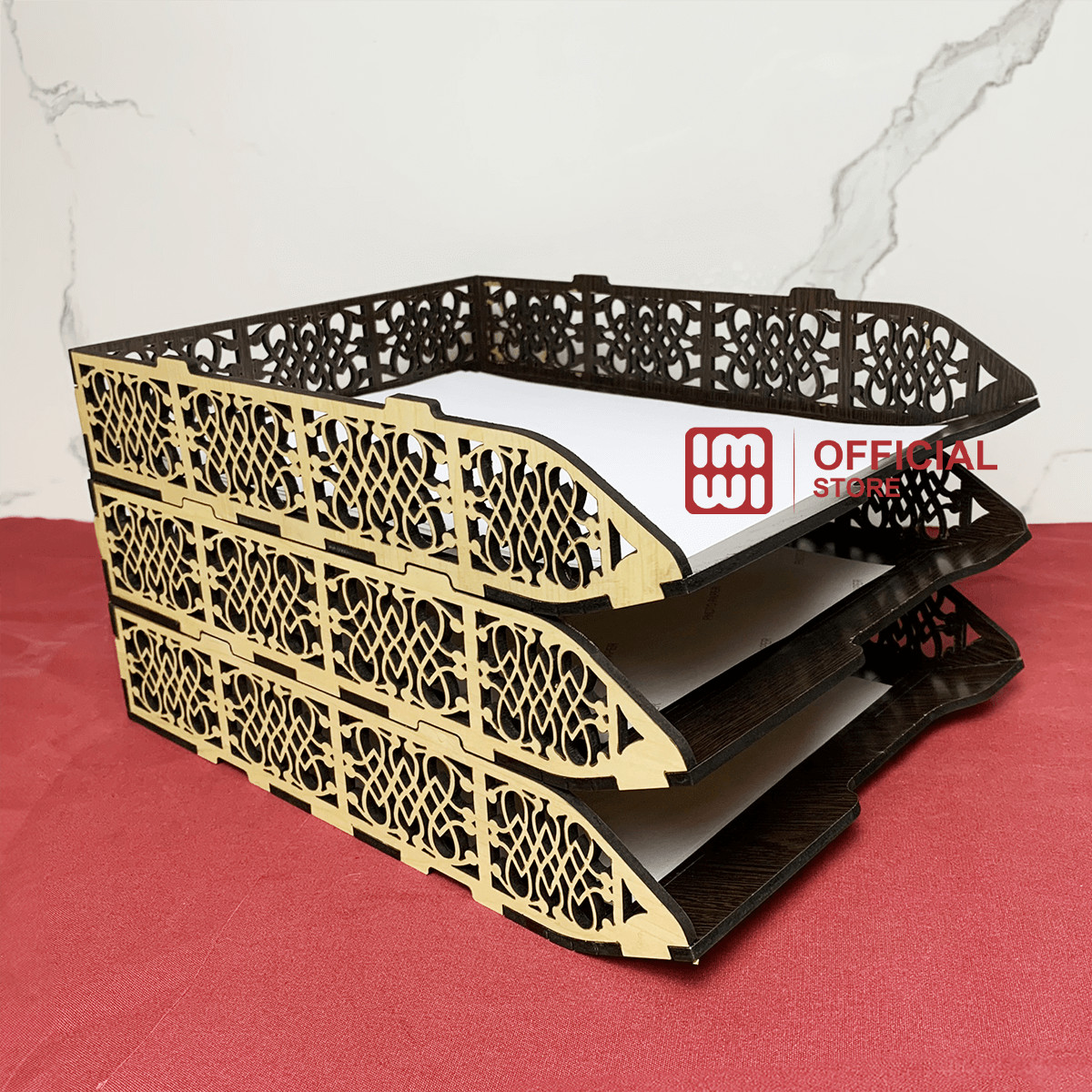 Khay đựng tài liệu khổ A4 bằng gỗ DCR003 cắt họa tiết cổ điển • Mộc Gimi